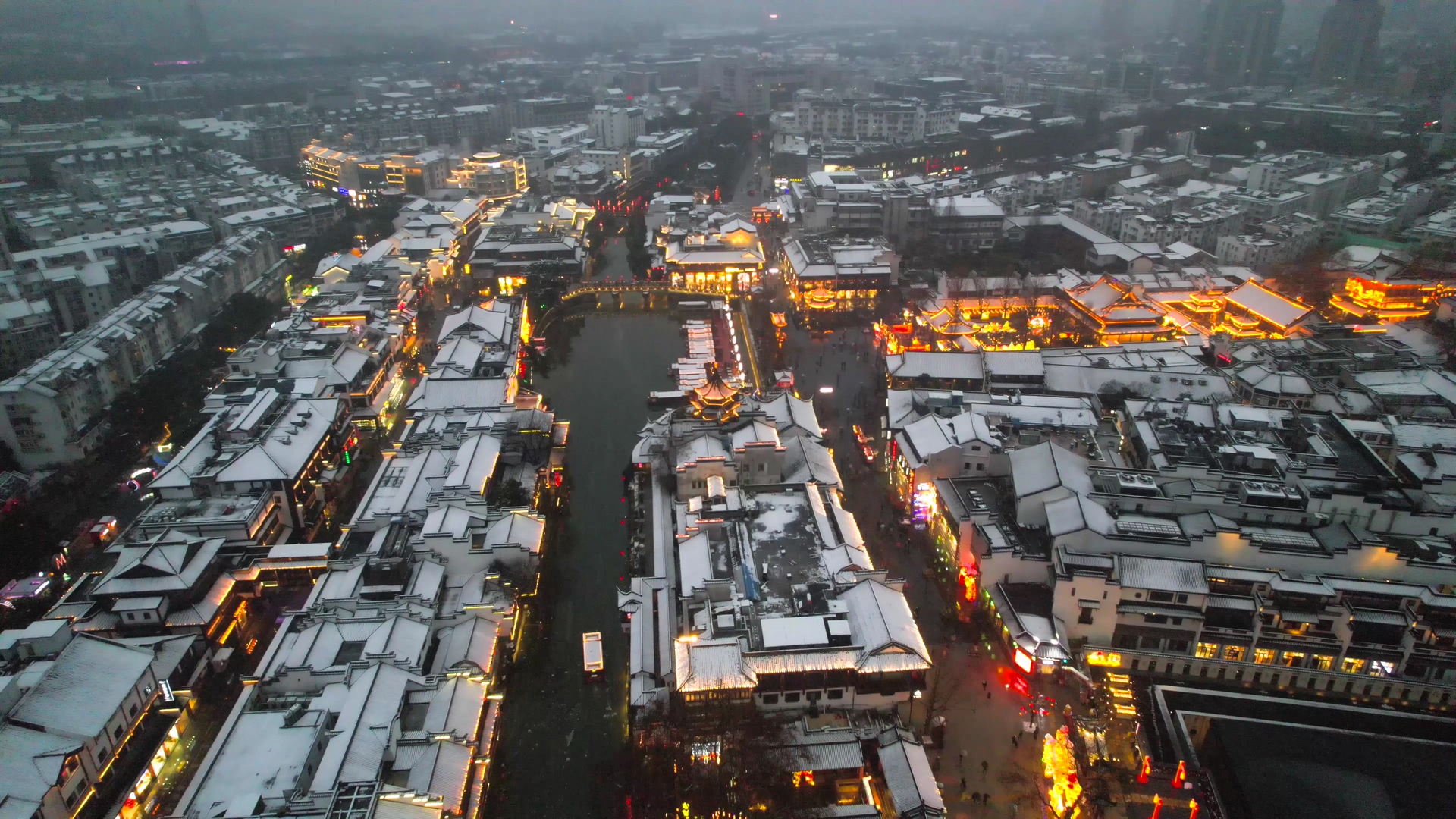 4K航拍冬天城市雪景南京夫子庙雪景视频特效素材-千库网
