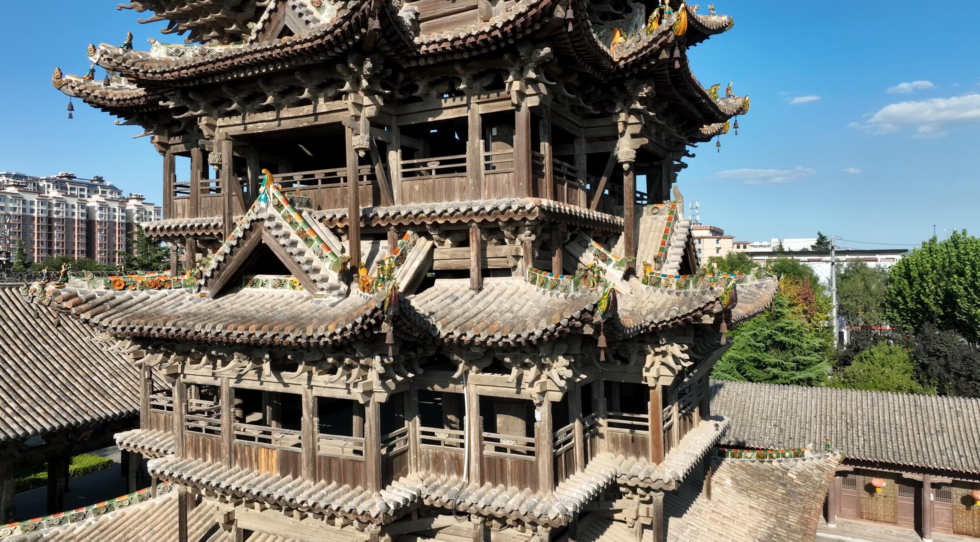 山西东岳庙飞云楼航拍实拍素材视频特效素材-千库网